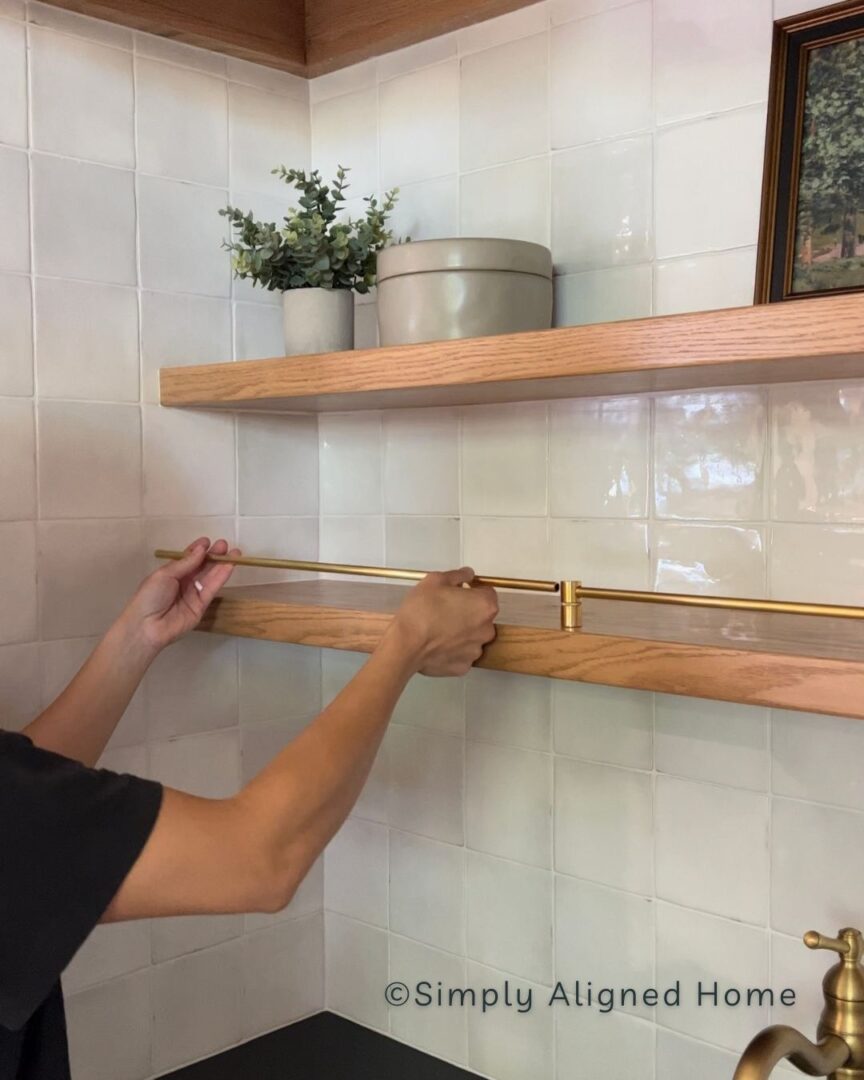 Wet Bar Thin Floating Shelves with Brass Shelf Rail - Simply Aligned Home