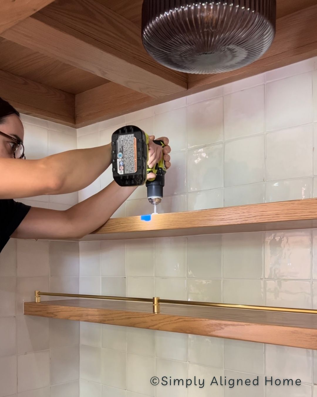 Wet Bar Thin Floating Shelves with Brass Shelf Rail - Simply Aligned Home