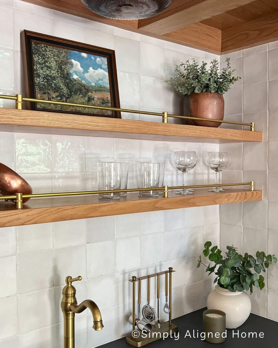 Wet Bar Thin Floating Shelves with Brass Shelf Rail - Simply Aligned Home