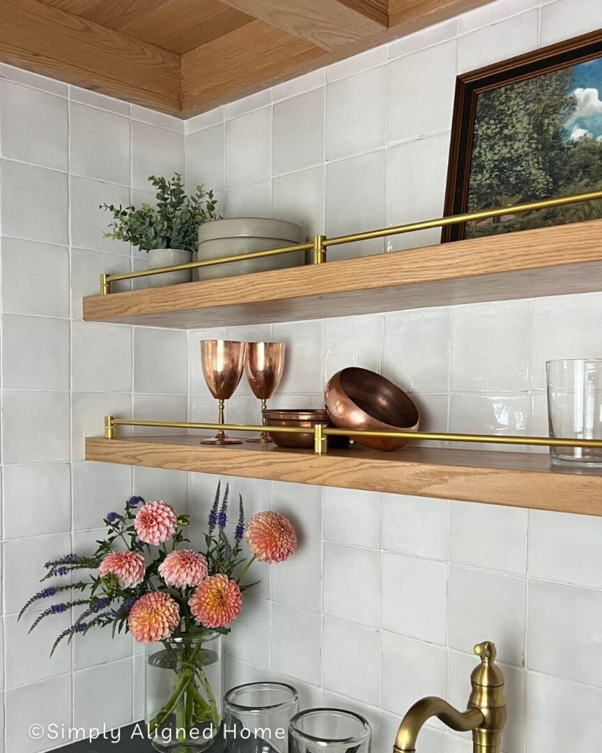 Wet Bar Thin Floating Shelves with Brass Shelf Rail - Simply Aligned Home