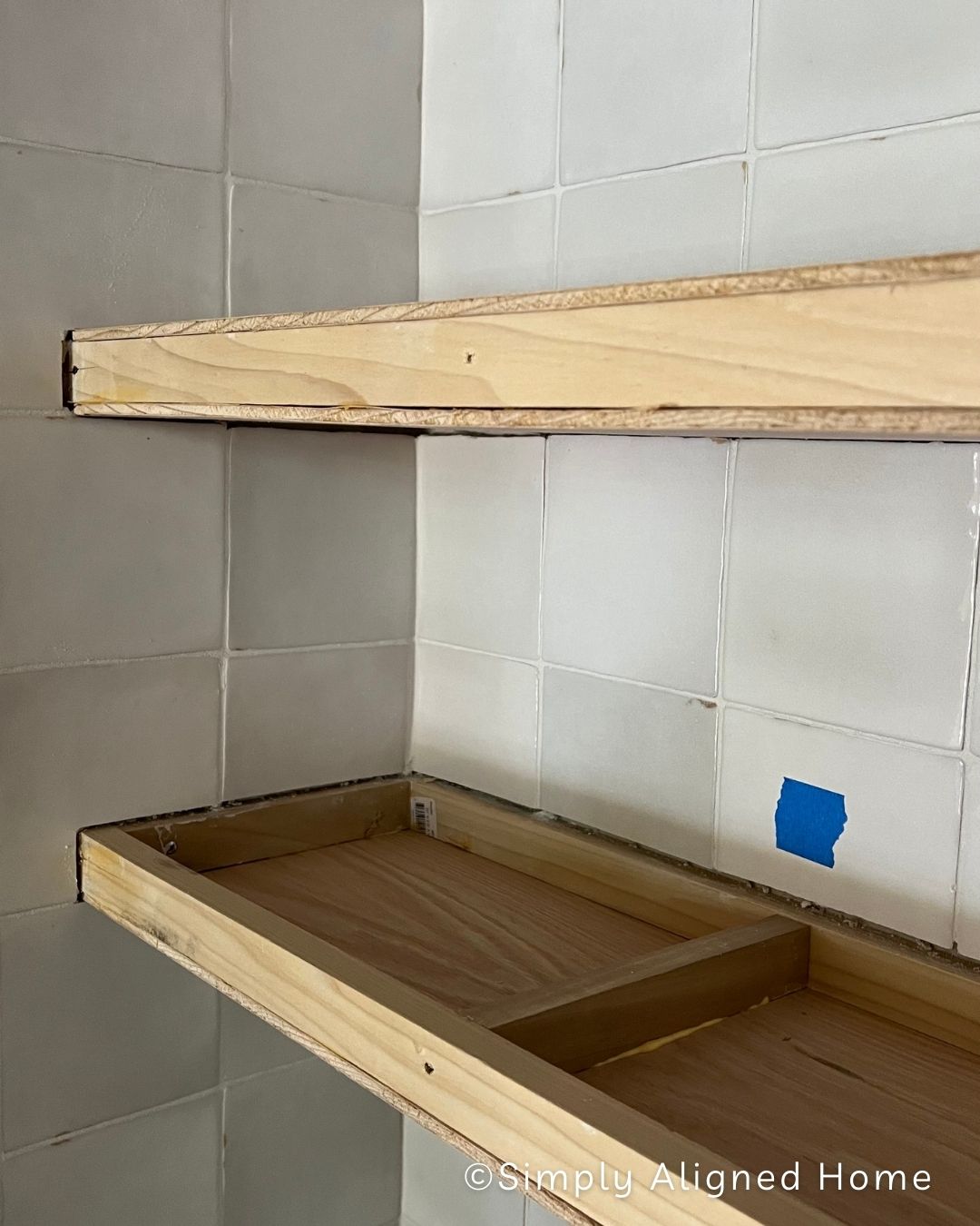 Wet Bar Thin Floating Shelves with Brass Shelf Rail - Simply Aligned Home