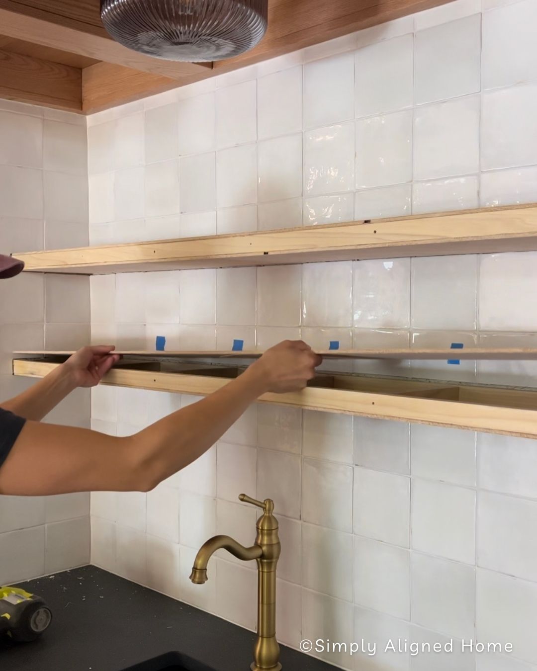 Wet Bar Thin Floating Shelves with Brass Shelf Rail - Simply Aligned Home