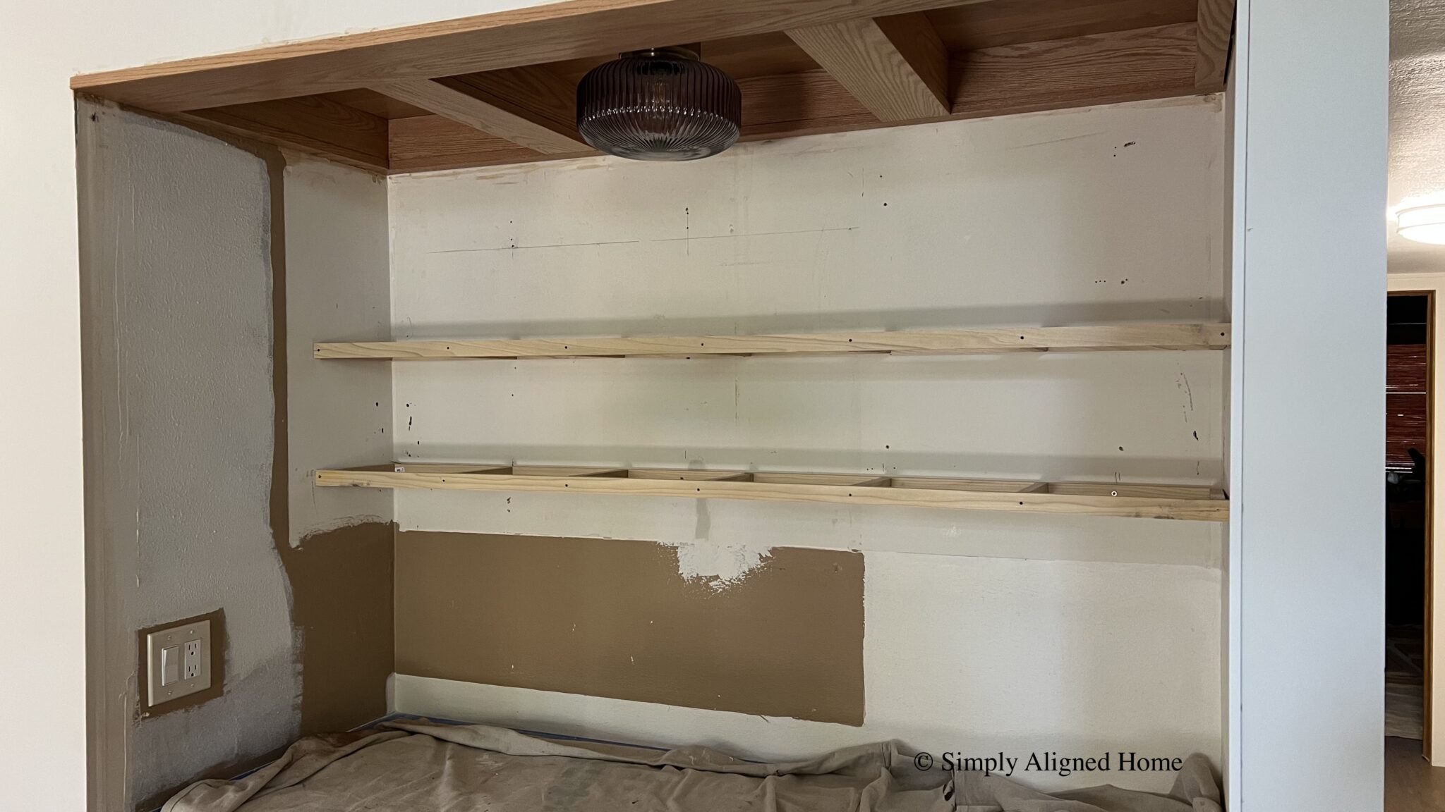 Wet Bar Thin Floating Shelves with Brass Shelf Rail - Simply Aligned Home